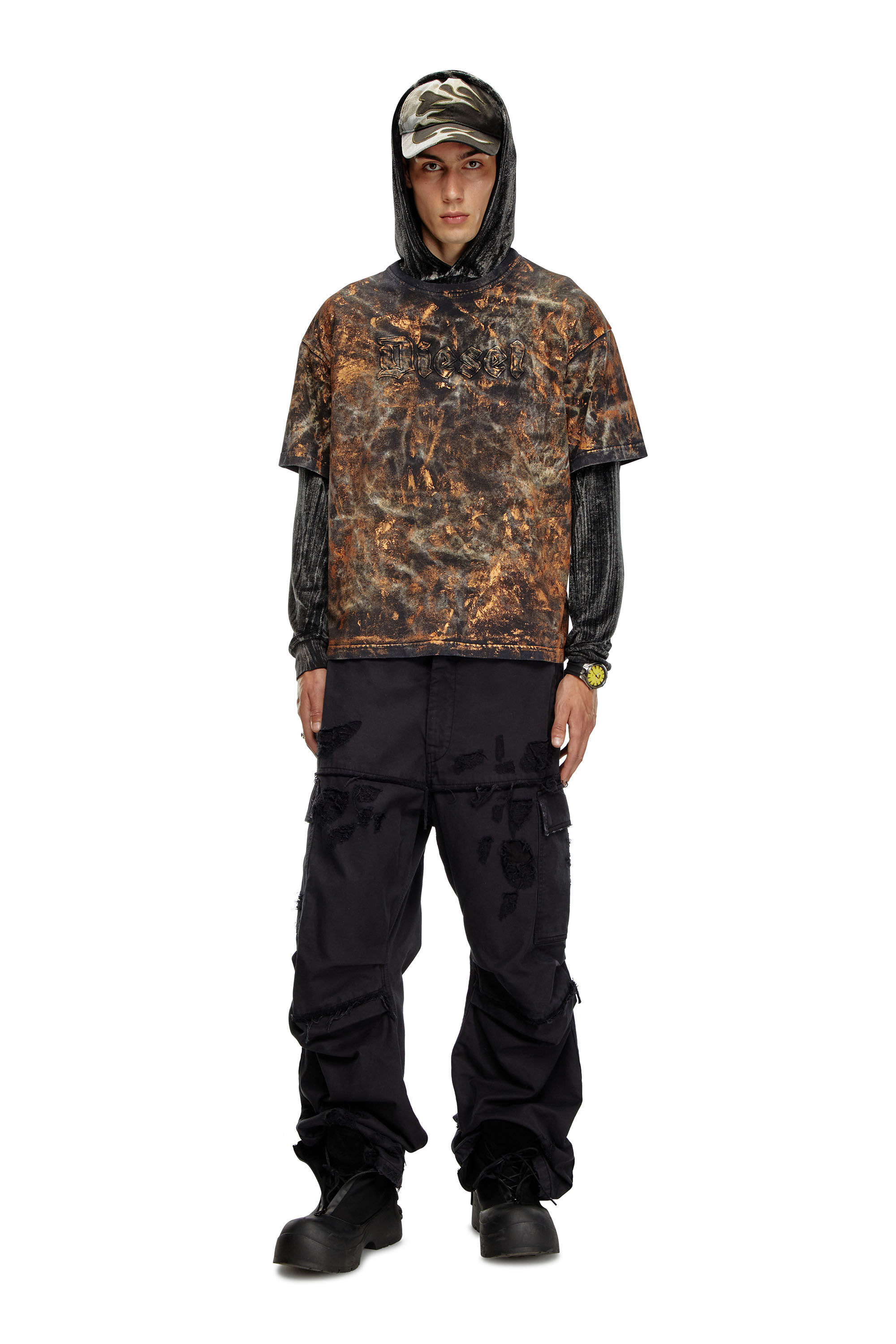 Men's Dirty-effect T-shirt with logo lettering | Brown | Diesel Men's Dirty-effect T-shirt with logo lettering | Brown | Diesel
